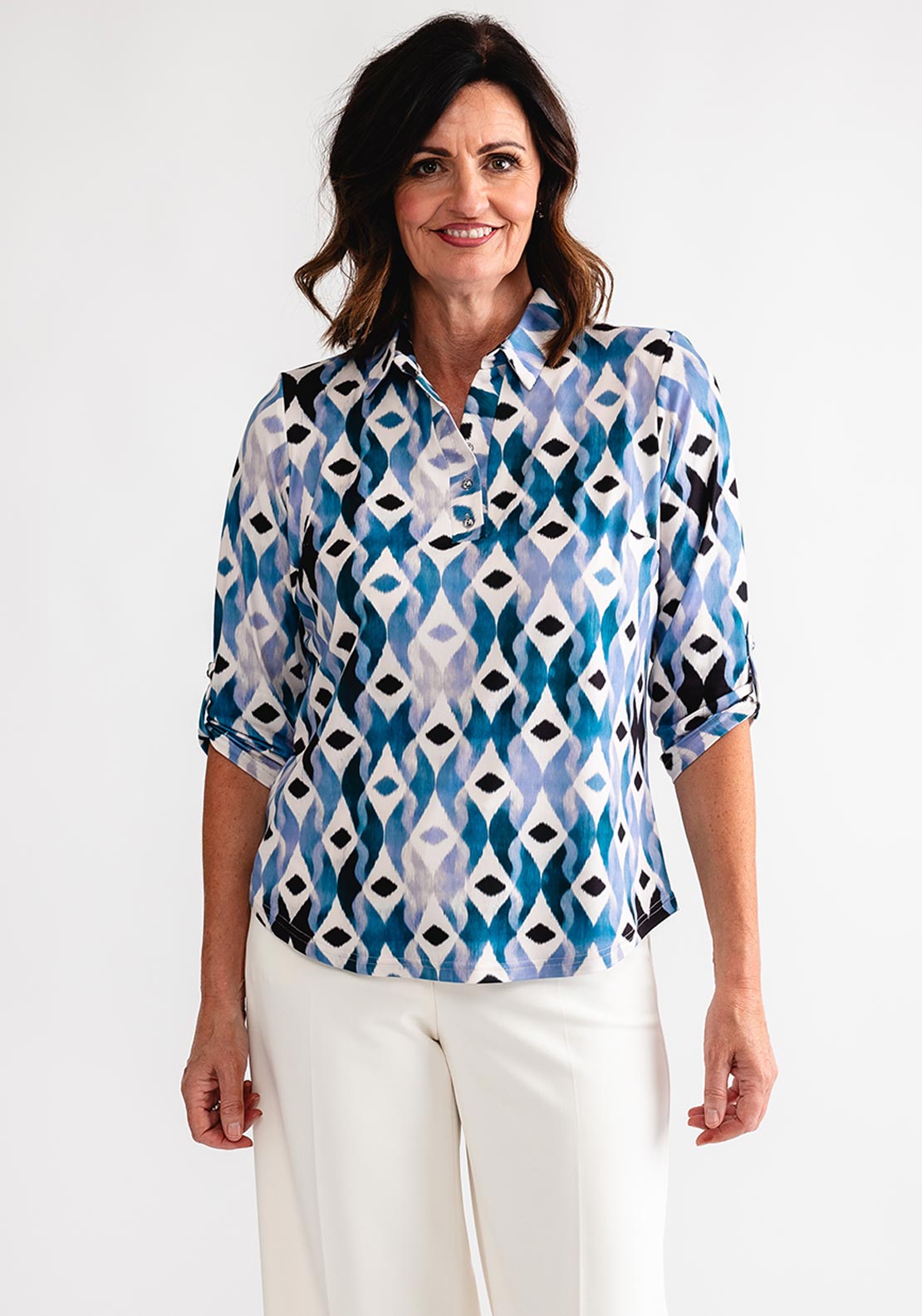 Yew Diamond Print Blouse, Blue Multi - McElhinneys