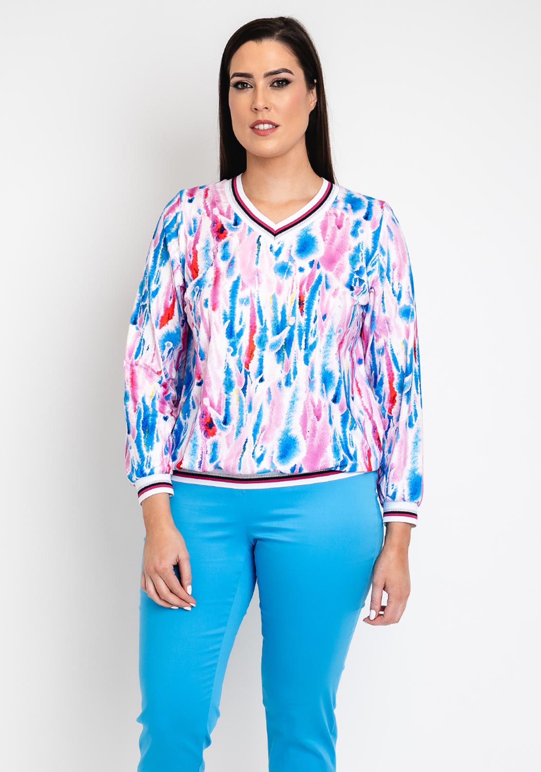 Leon Collection Abstract Print V Neck Top, Pink and Blue - McElhinneys