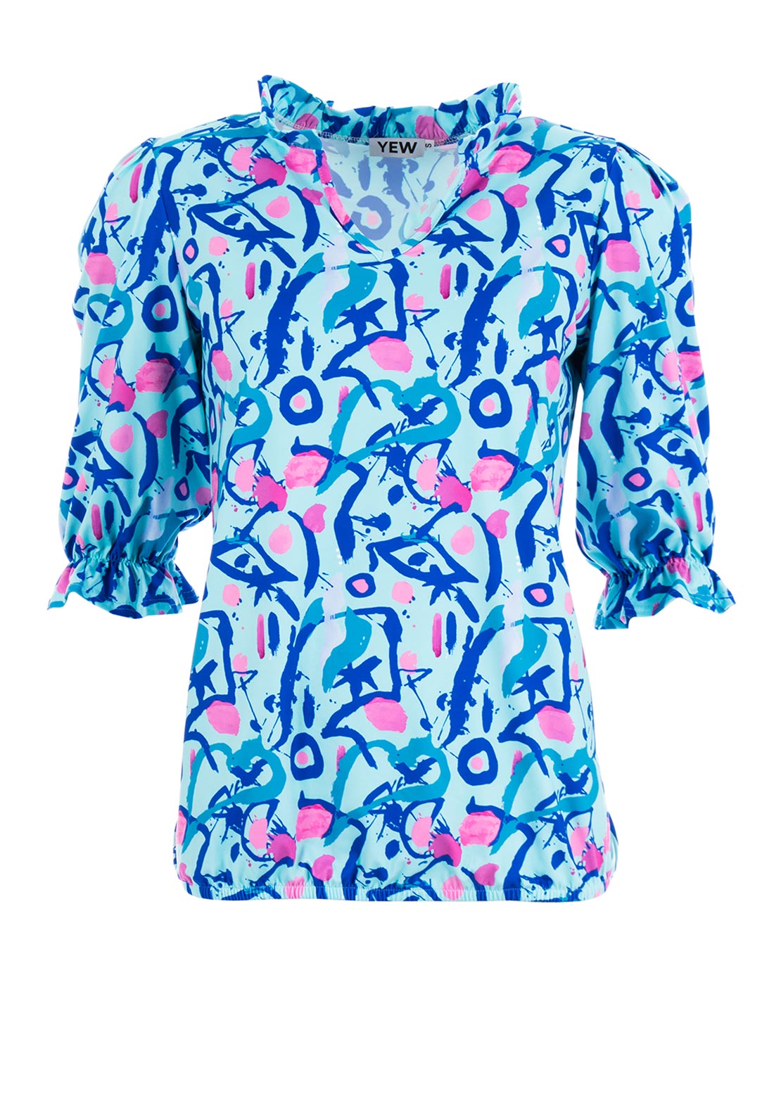 Leon Collection Ruffle Collar Printed Top, Blue Multi - McElhinneys
