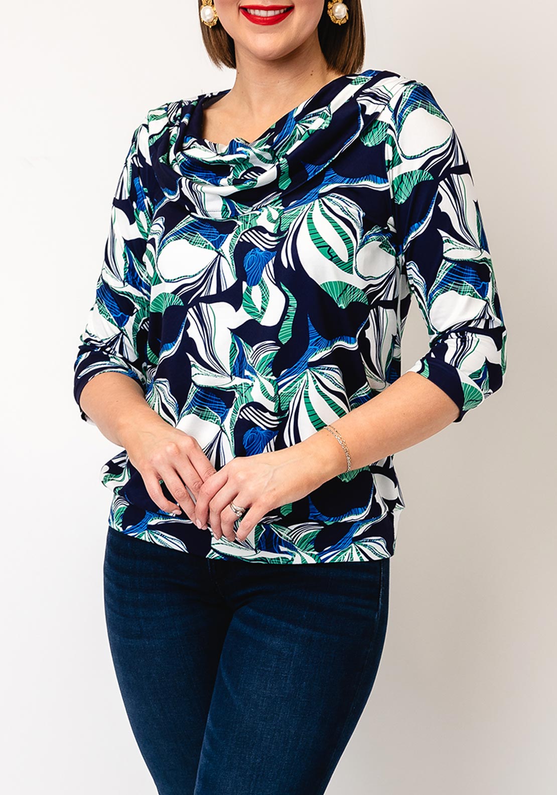 Yew Leaf Print Cowl Neck Top, Navy & Green - McElhinneys