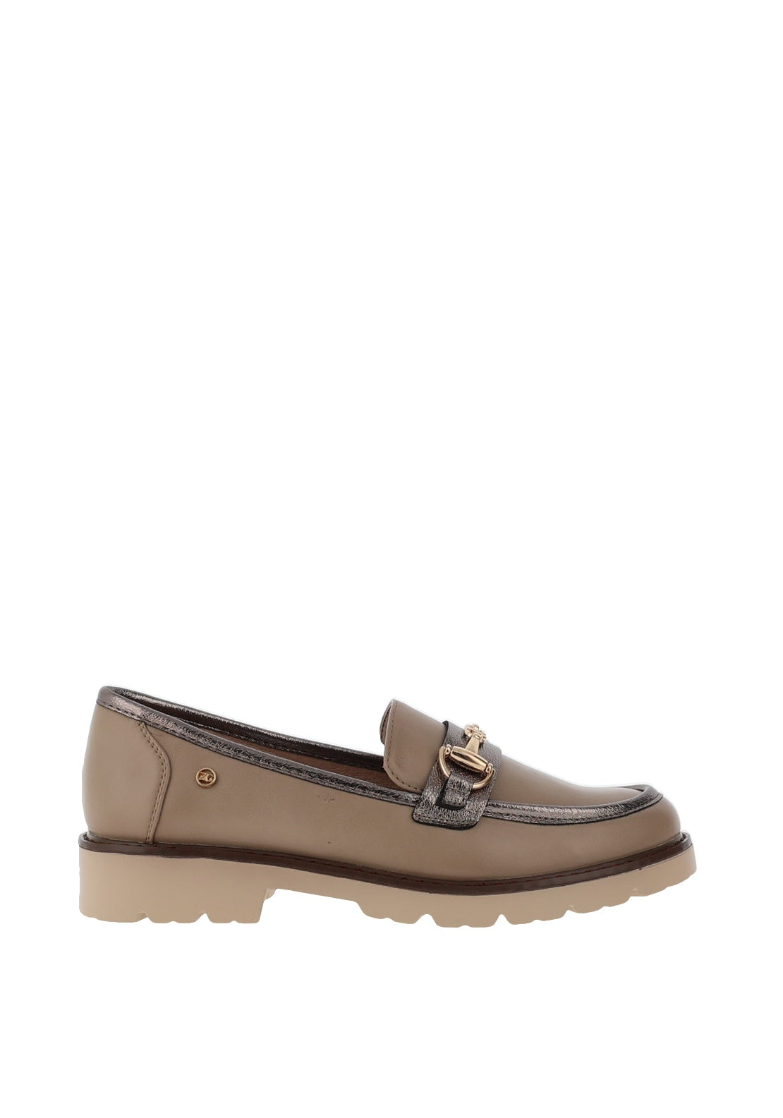 Zanni & Co Farkhor Gold Buckle Two Tone Loafers, Taupe and Metallic Gr ...
