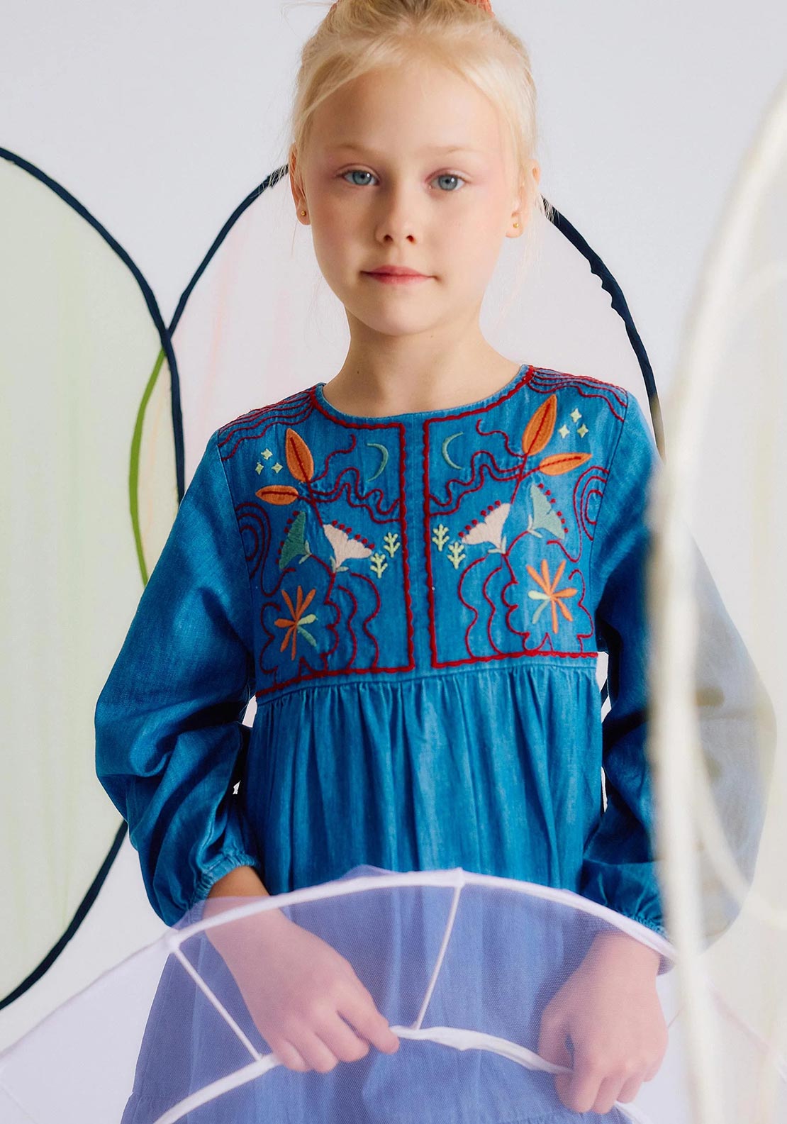 Zippy Girls Embroidered Long Sleeve Denim Dress, Blue - McElhinneys