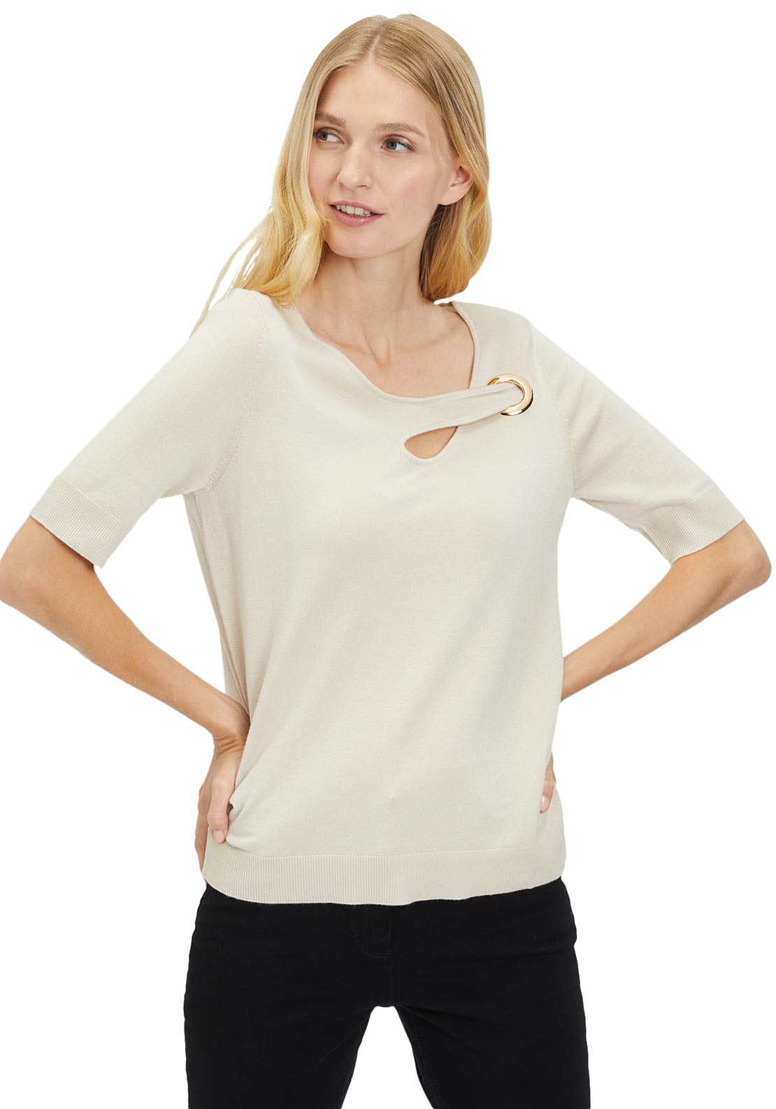 Betty Barclay Keyhole Short Sleeve Sweater, Stone - McElhinneys