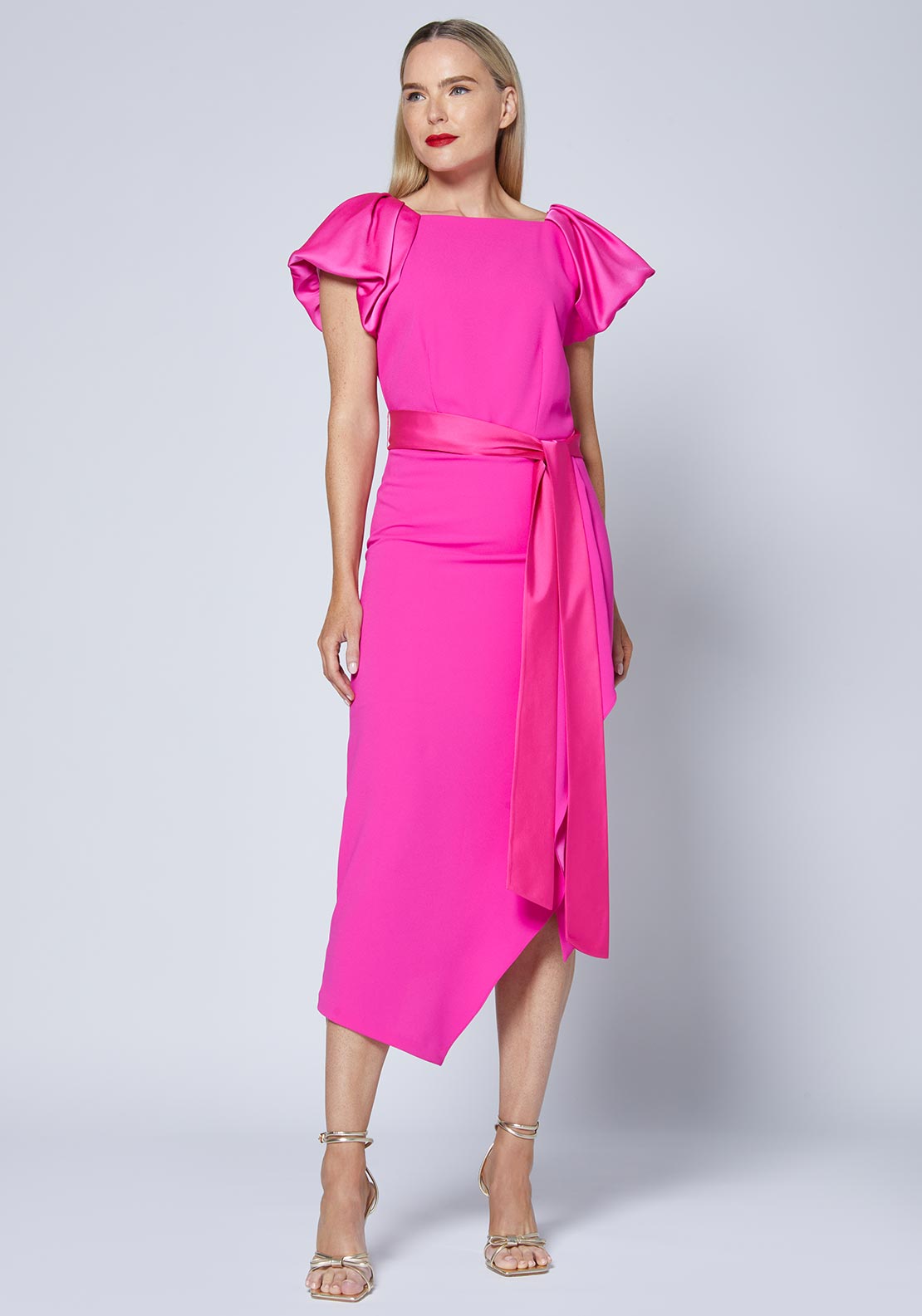 Caroline Kilkenny Harper Satin Shoulder Dress, Lipstick Pink - McElhinneys