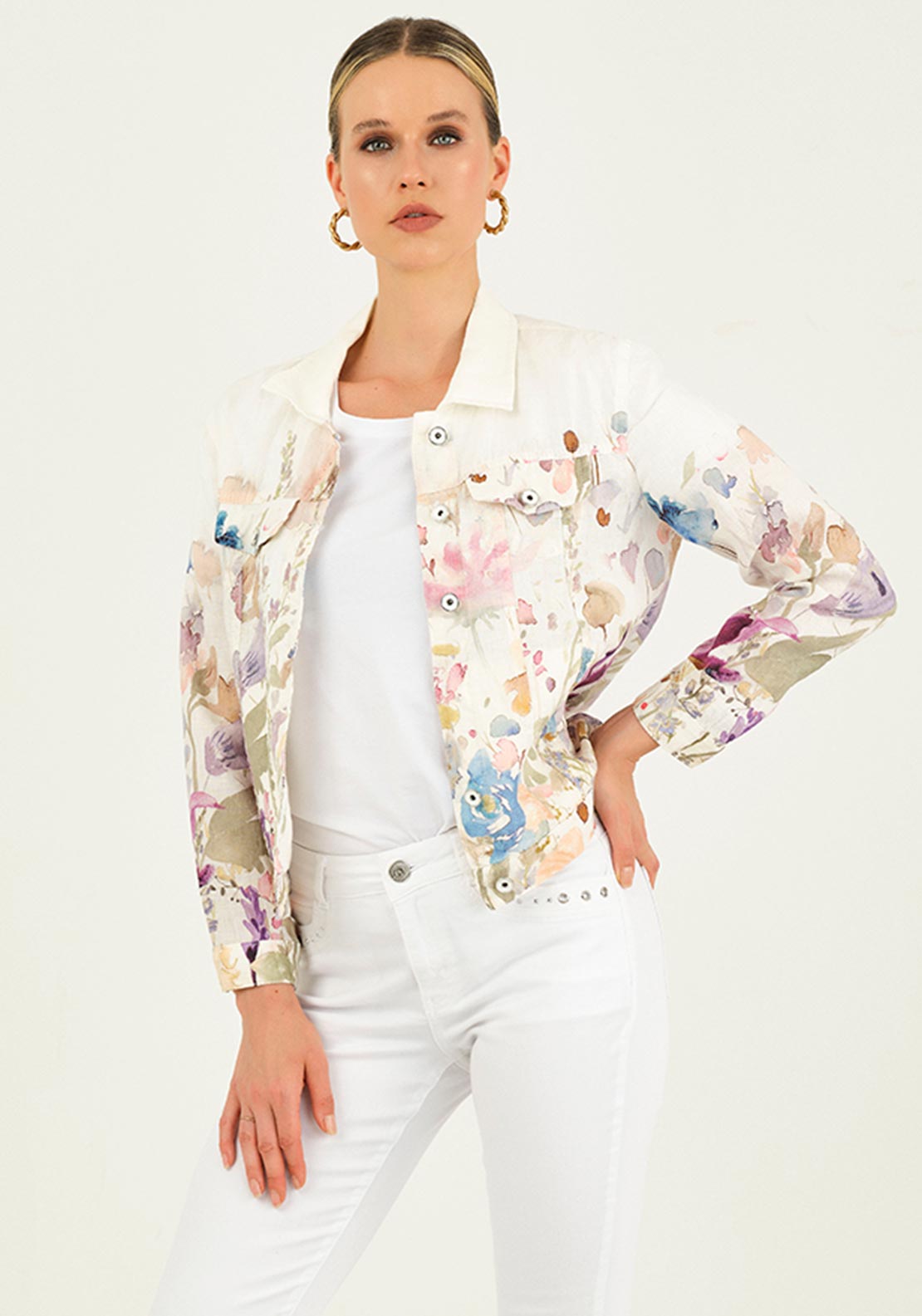 Dolcezza Floral Print Linen Jacket, Off White Multi - McElhinneys