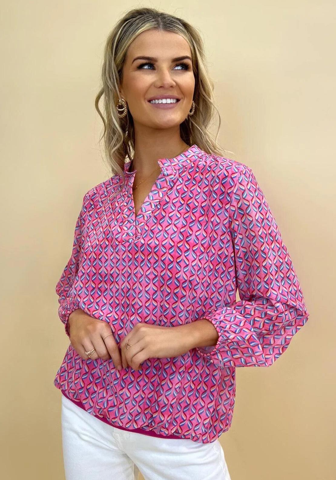 Kate & Pippa Bella Chiffon Print Band Hem Top, Pink - McElhinneys