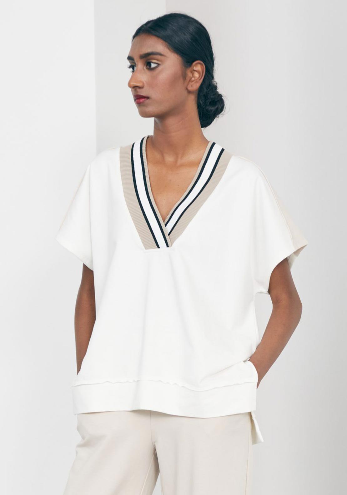 Naya Ribbed V Neck Top, Beige - McElhinneys