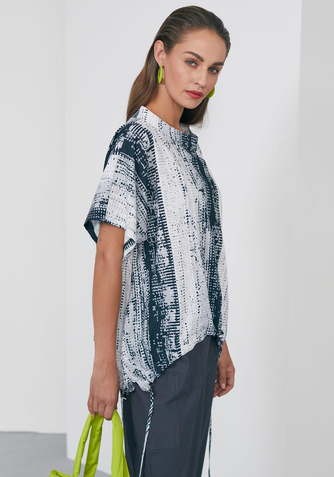 Naya Blur Line Drawstring Hem Top, White & Black - McElhinneys