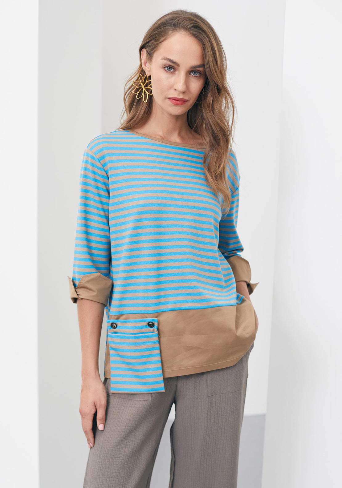 Naya Striped Contrast Hem Top, Vivid Blue - McElhinneys