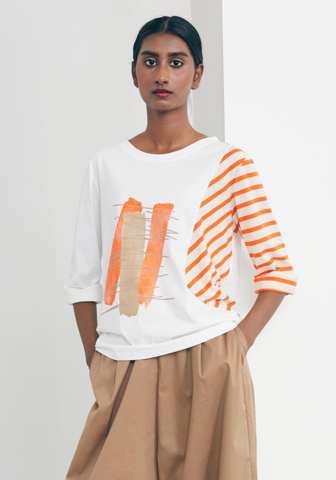Naya Print & Stripe Sleeve Top, Mandarin & White - McElhinneys