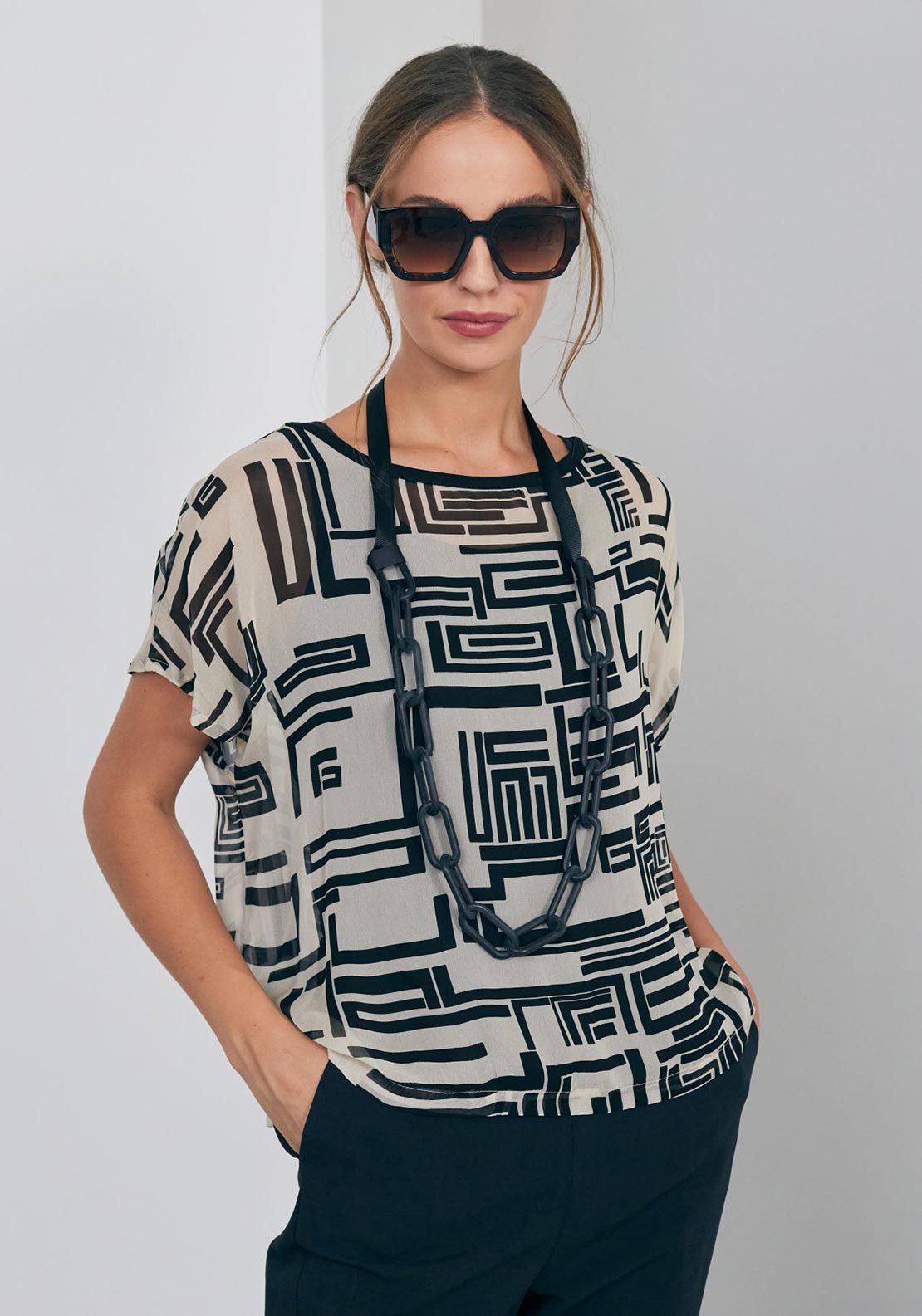 Naya Rectangle Print Top, Linen & Black - McElhinneys