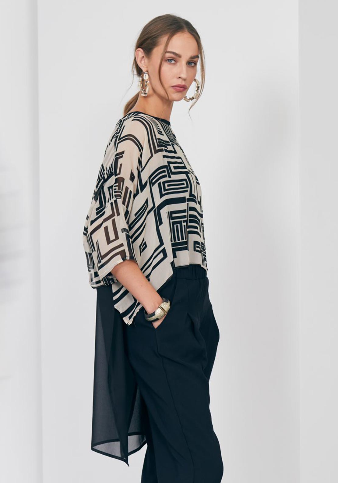 Naya Rectangle Print Chiffon Back Top, Linen & Black - McElhinneys