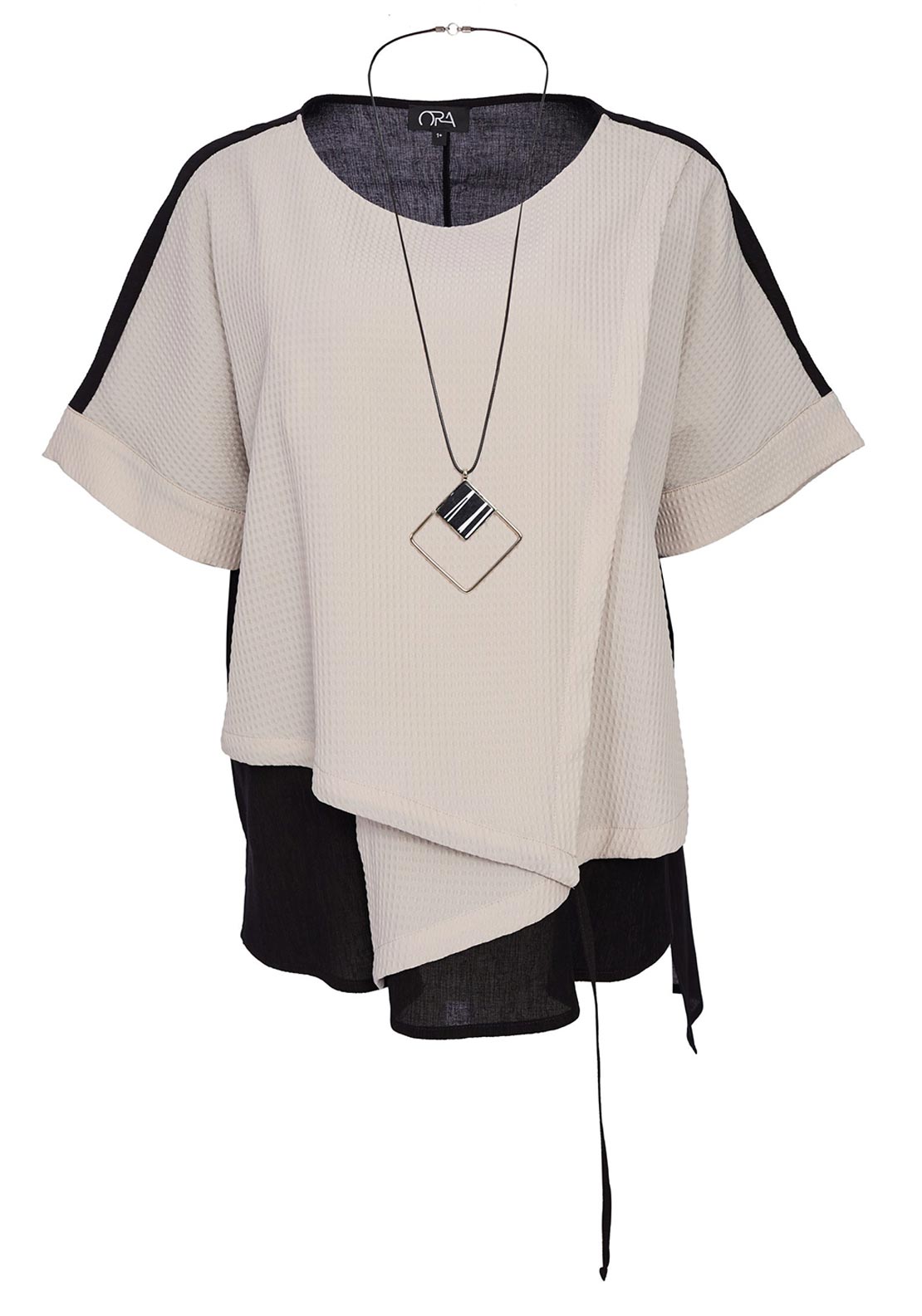 Ora Waffle Texture Asymmetric Wrap Top, Stone & Black - McElhinneys