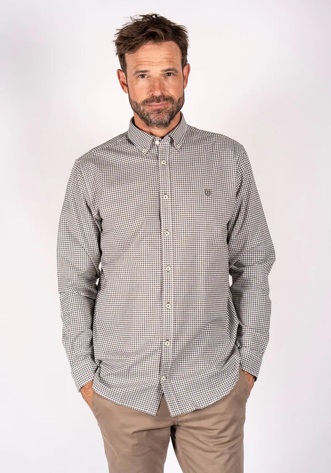 Pre End Classic Oxford Check Shirt, Dusty Olive & White - McElhinneys