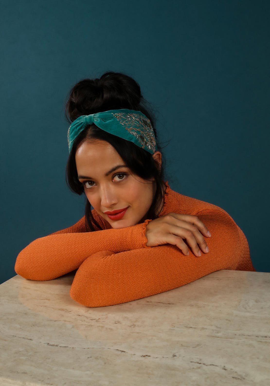 Powder Velvet Embellished Wide Headband, Teal - McElhinneys