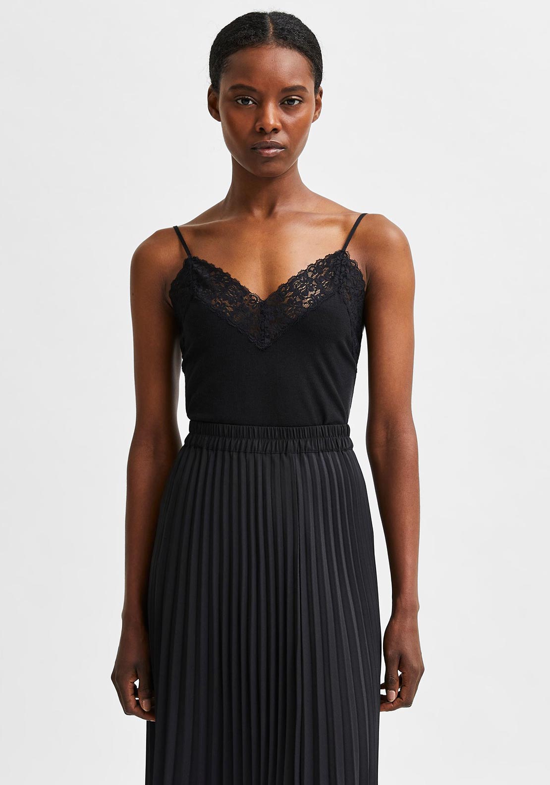 Selected Femme Mandy Lace Trim Vest, Black - McElhinneys