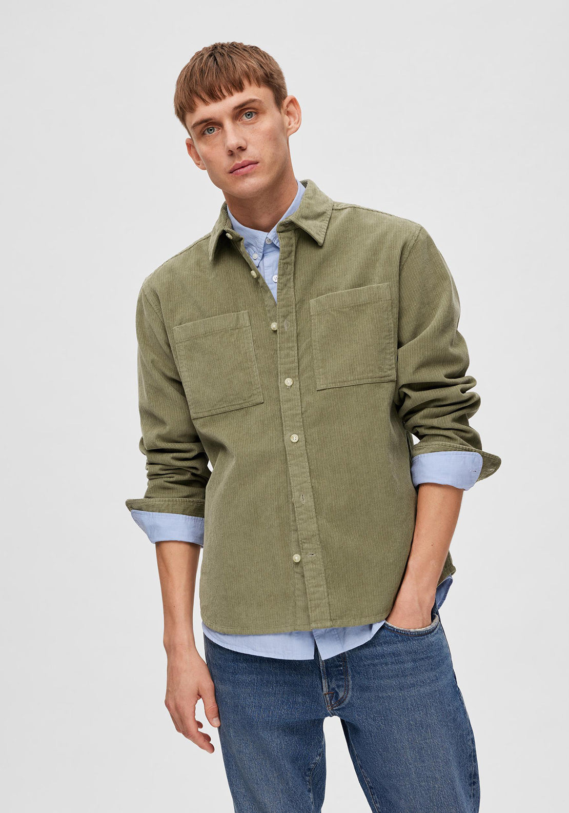 Selected Homme Finn Cord Overshirt, Vetiver - McElhinneys