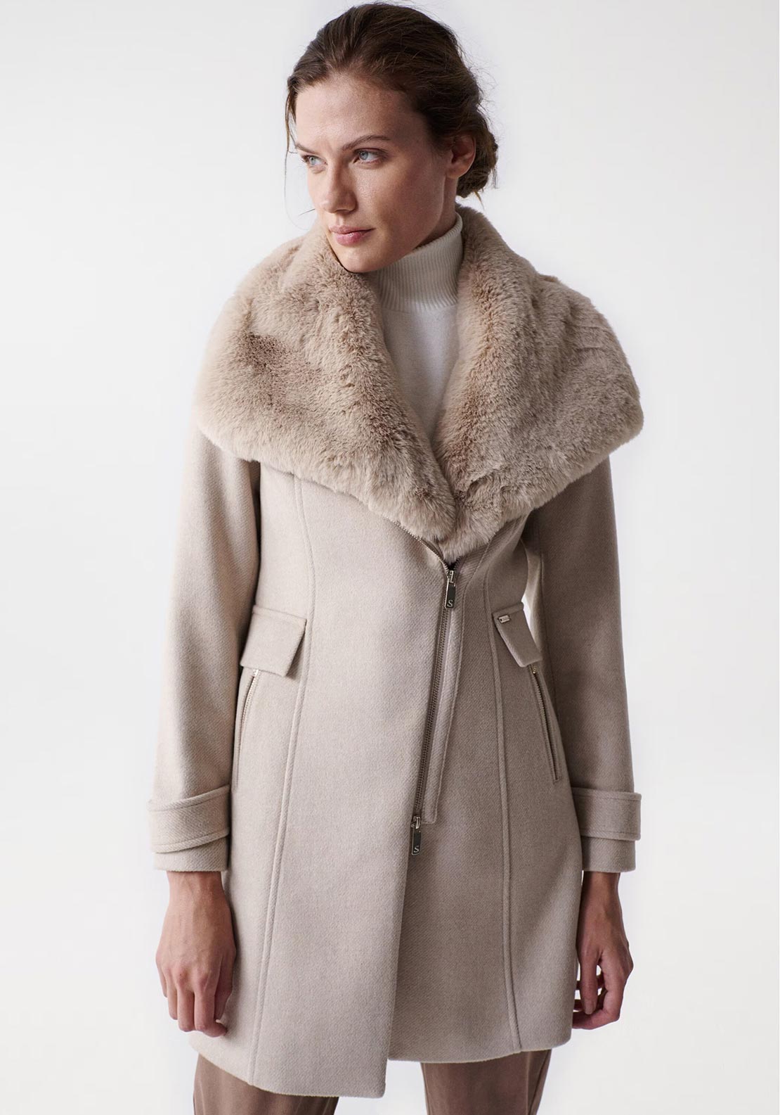 Salsa Detachable Faux Fur Collar Coat, Beige - McElhinneys