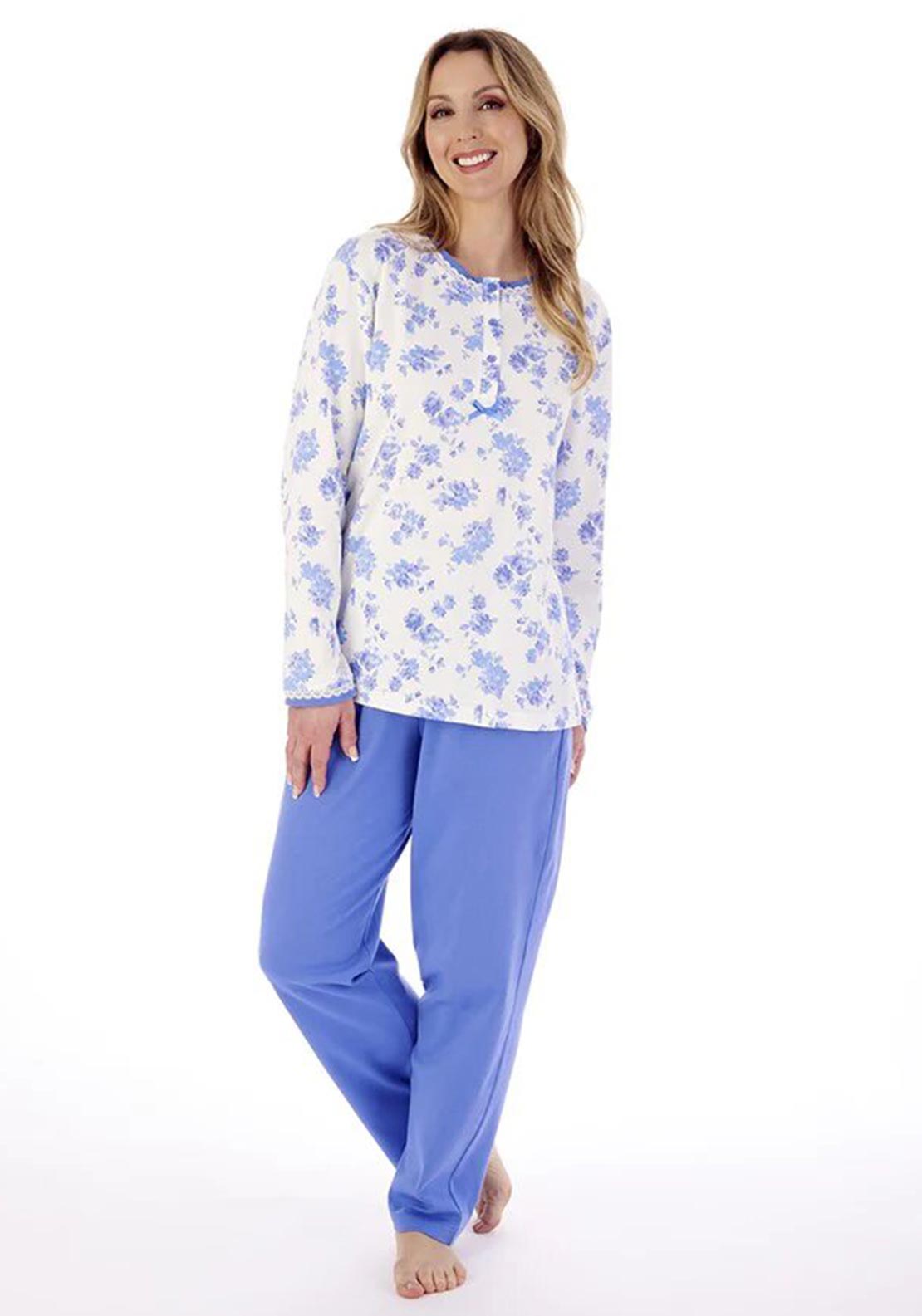 Slenderella Floral & Plain Pyjama Set, Blue - McElhinneys