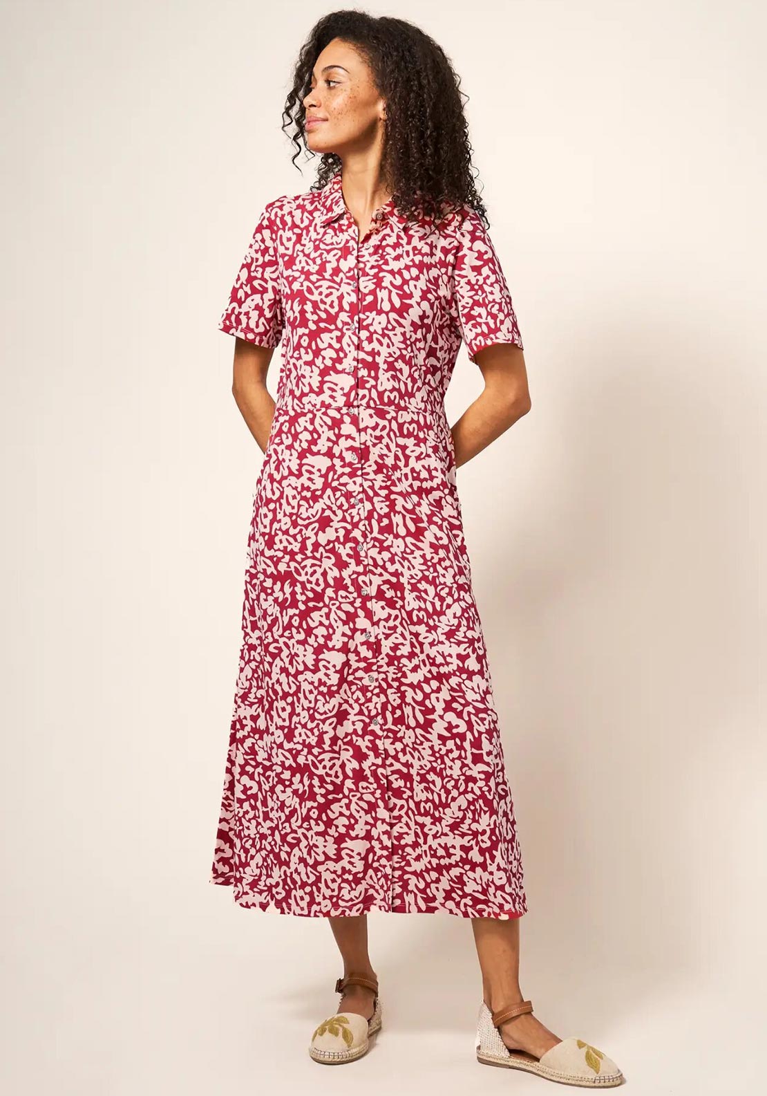 White Stuff Rua Print Jersey Midi Dress, Red Multi - McElhinneys