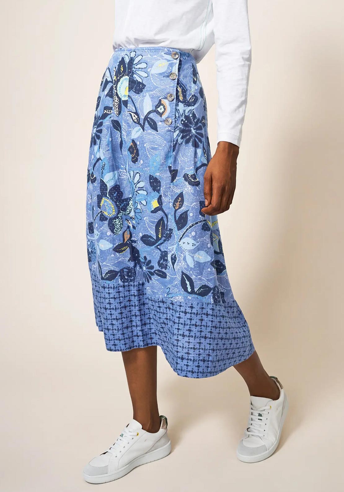 White Stuff Ciara Print Linen Skirt, Blue - McElhinneys