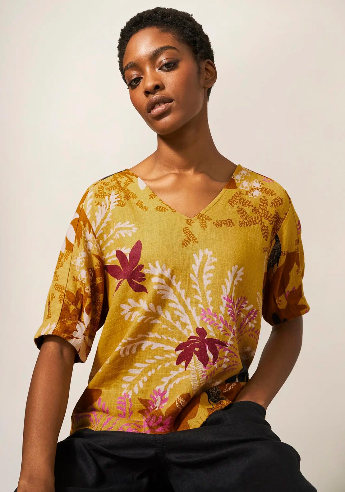 White Stuff Kate Linen Blend Top, Yellow Multi - McElhinneys