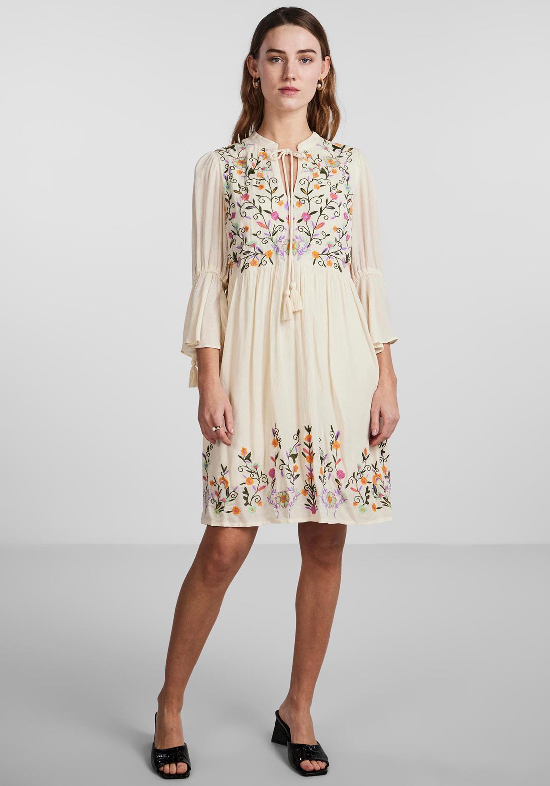 Y.A.S Chella Embroidered Mini Smock Dress, Birch - McElhinneys