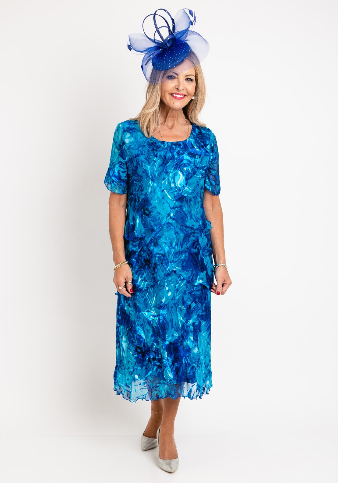 Allison Printed Silk Layered Midi Dress, Royal Blue - McElhinneys
