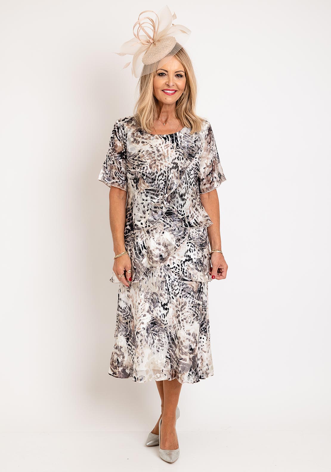 Allison Printed Silk Layered Midi Dress, Beige - McElhinneys