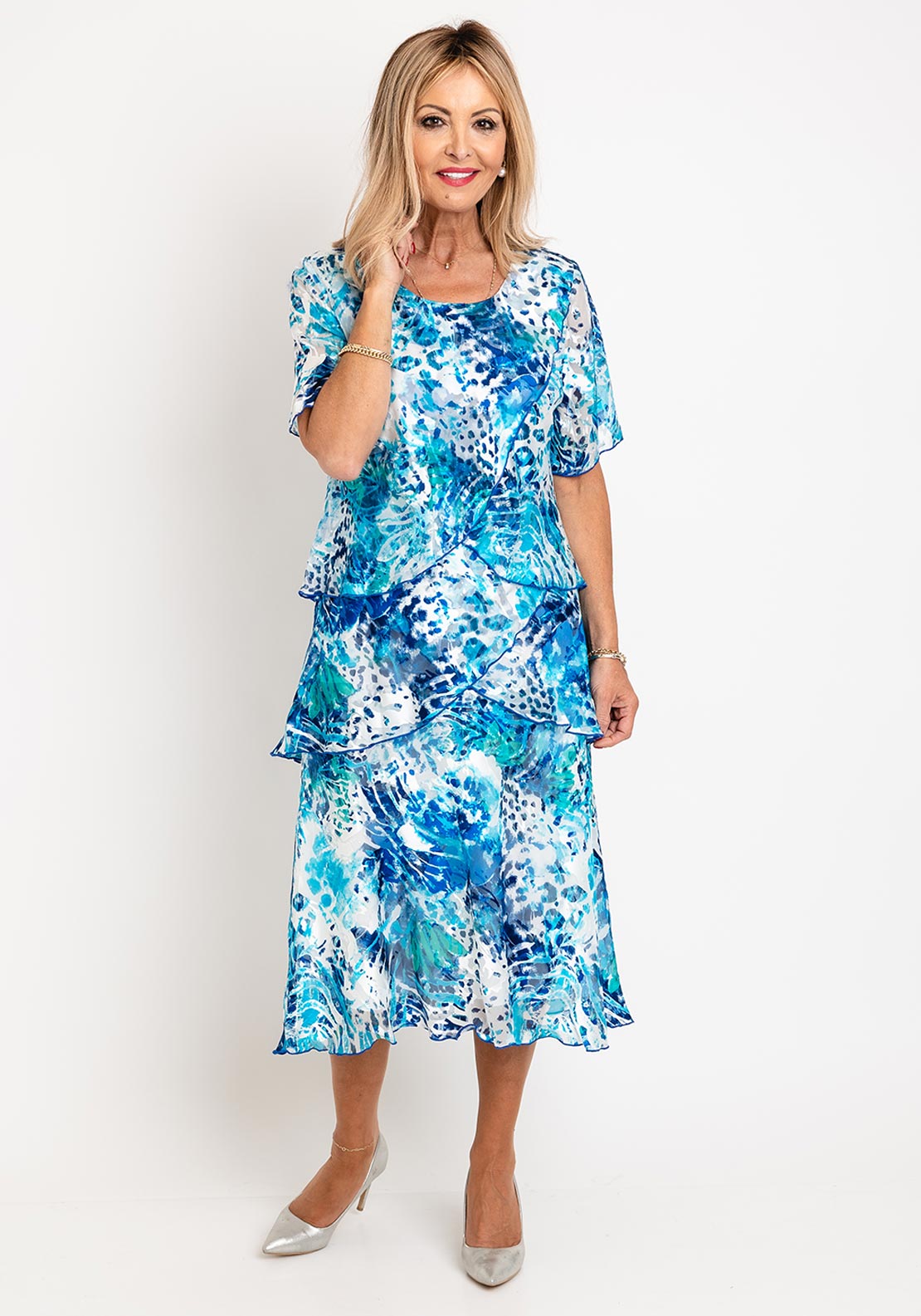 Allison Printed Silk Layered Midi Dress, Blue - McElhinneys