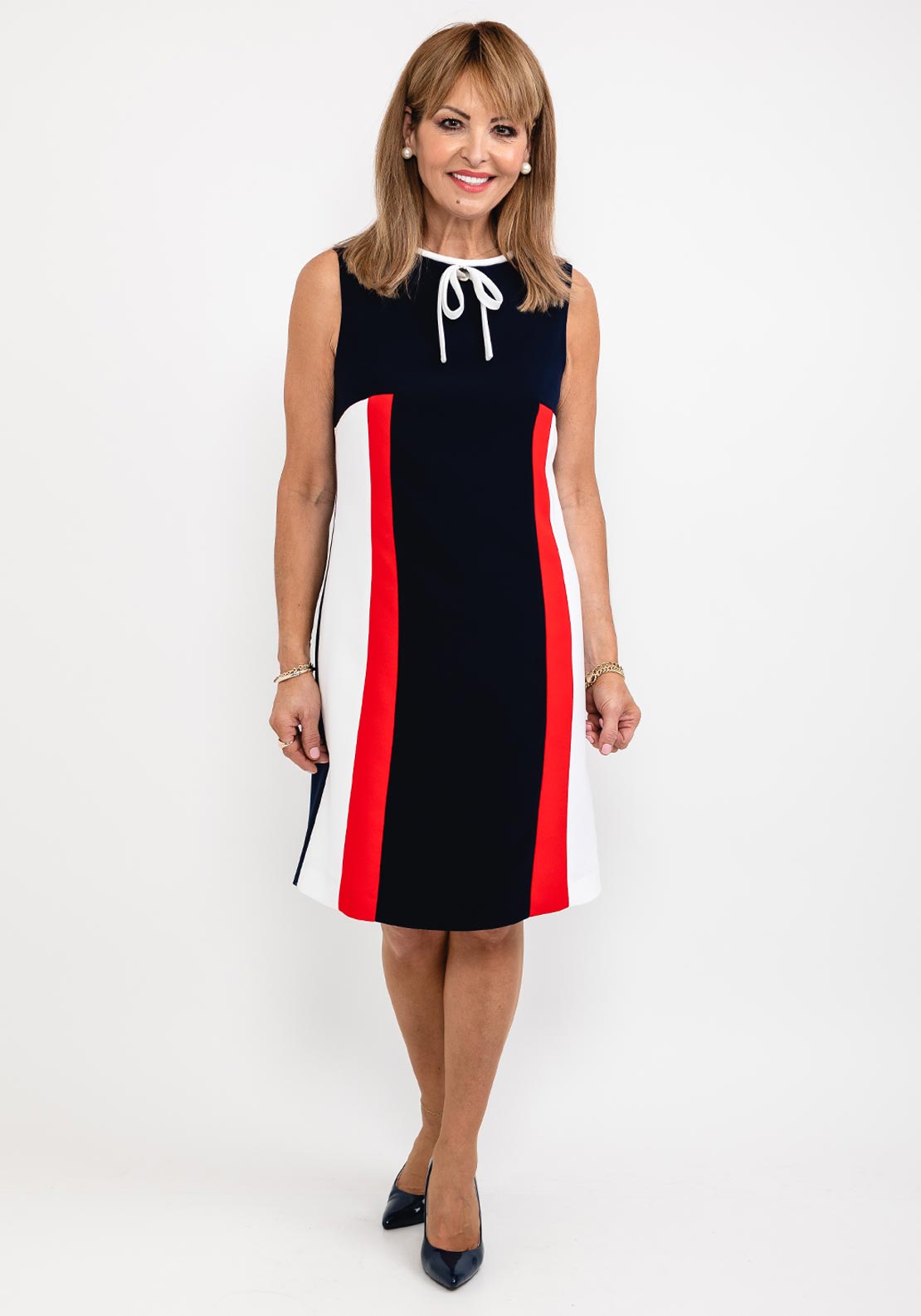 Badoo Bow Neck Colour Block Shift Dress, Navy Multi - McElhinneys
