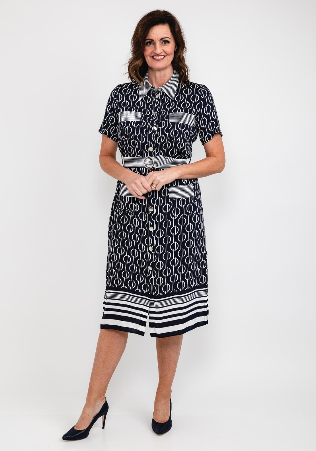 Badoo Chain & Stripe Print Shirt Dress, Navy & White - McElhinneys
