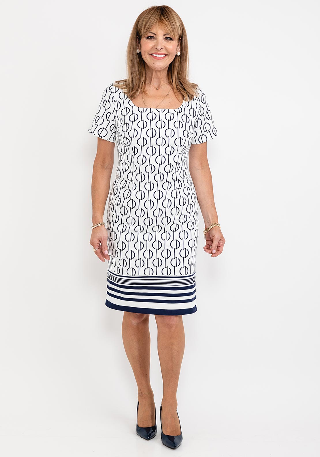 Badoo Link Print Pattern Pencil Dress, White & Navy - McElhinneys