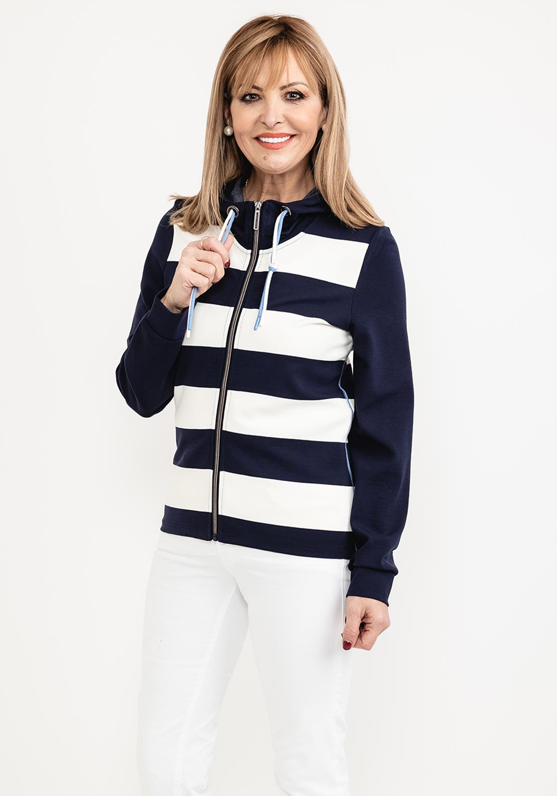 Barbara Lebek Striped Full Zip Hoodie, Navy & White - McElhinneys