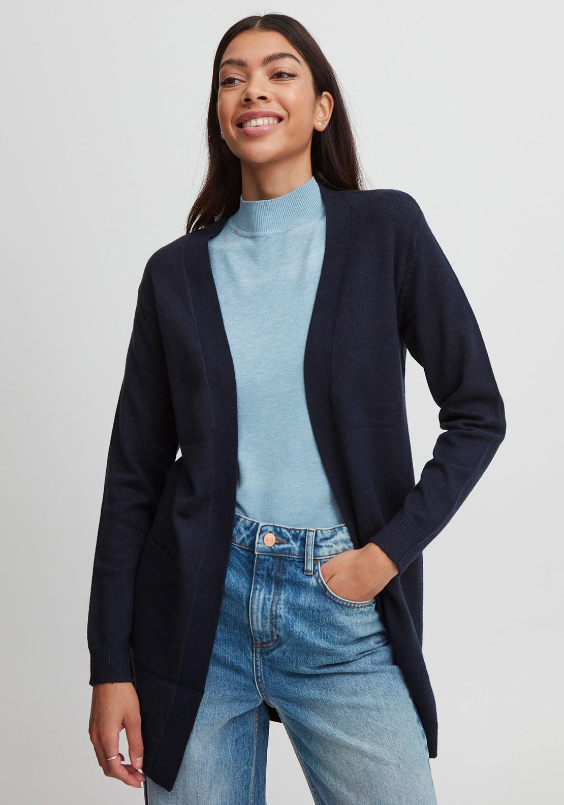 b.young Nonina Long Open Cardigan, Navy - McElhinneys