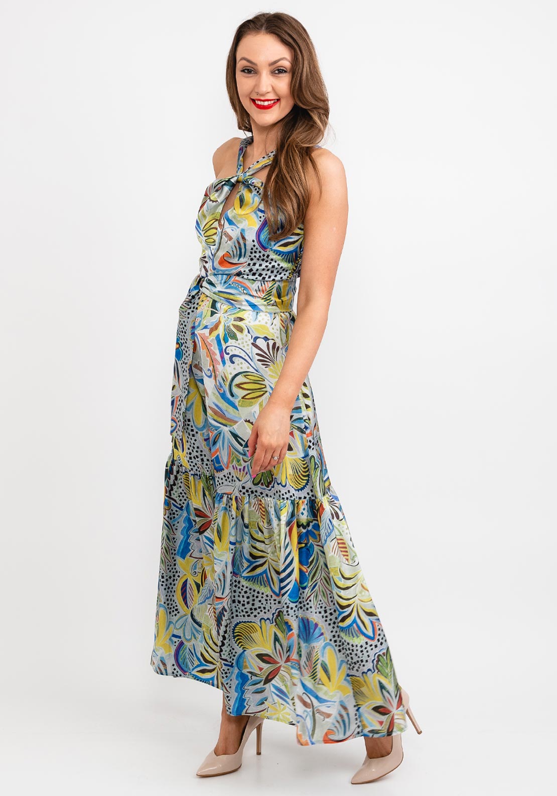 Camelot Halter Neck Leaf Print Satin Maxi Dress, Green Multi - McElhinneys