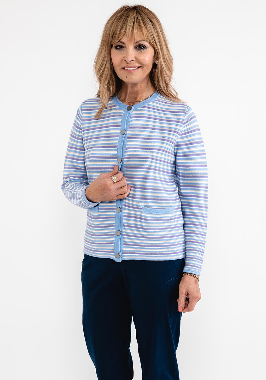 Castle of Ireland Ribbed Stripe Cardigan, Blue & Lilac - McElhinneys