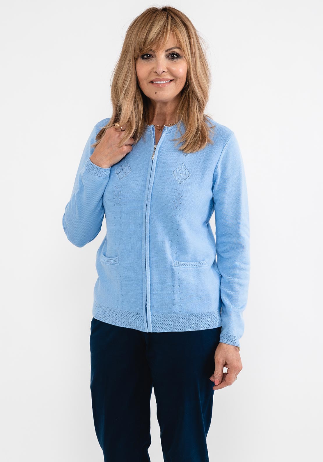 Castle of Ireland Zip Diamond Pattern Cardigan, Powder Blue - McElhinneys