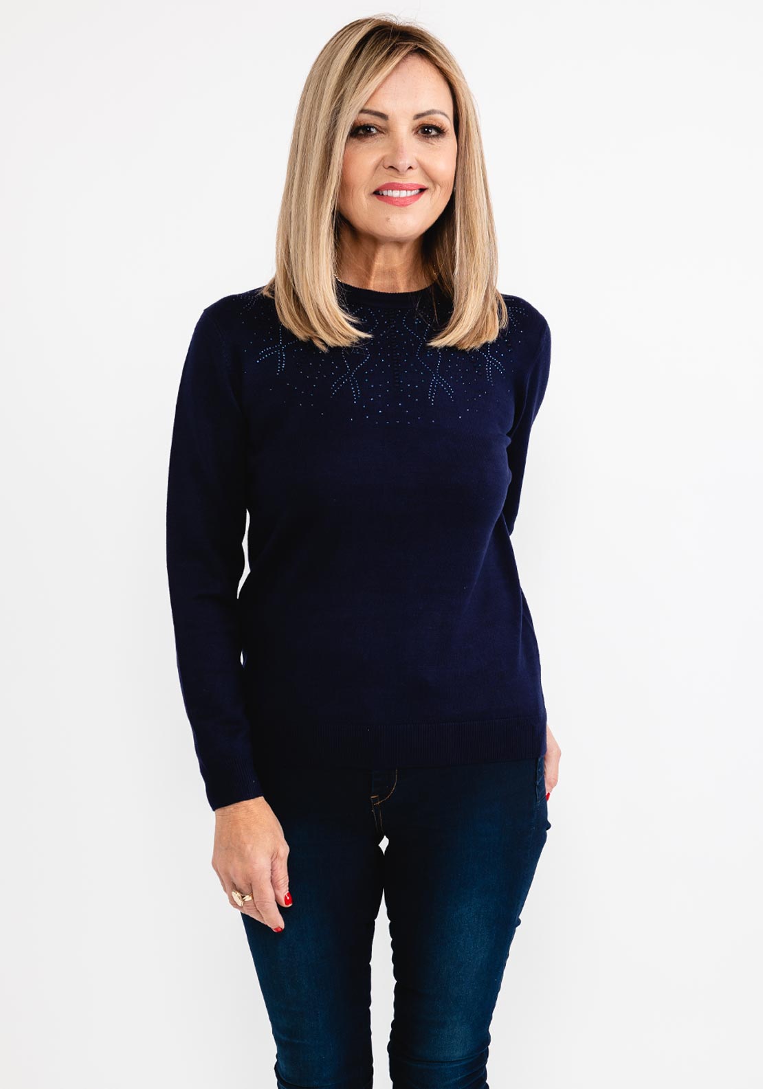Castle of Ireland Rhinestone Swirl Neck Sweater, Navy - McElhinneys