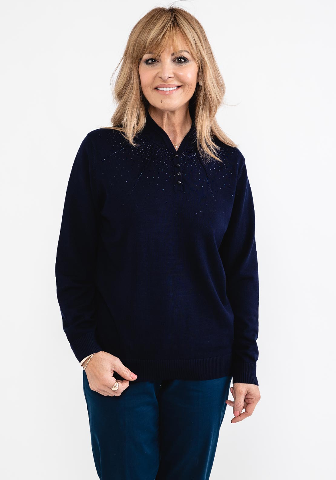 Castle of Ireland Rhinestone Neckline Sweater, Navy - McElhinneys