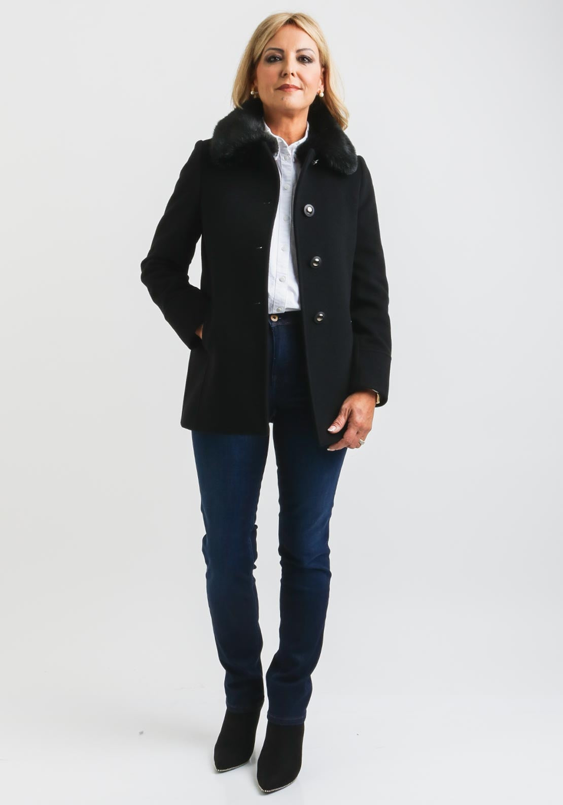 Christina Felix Faux Fur Collar Peacoat, Black - McElhinneys