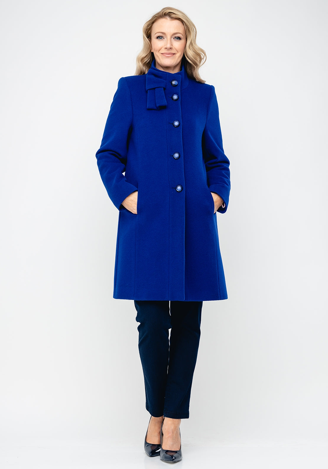 Christina Felix Bow Trim Wool & Cashmere Coat, Royal Blue - McElhinneys
