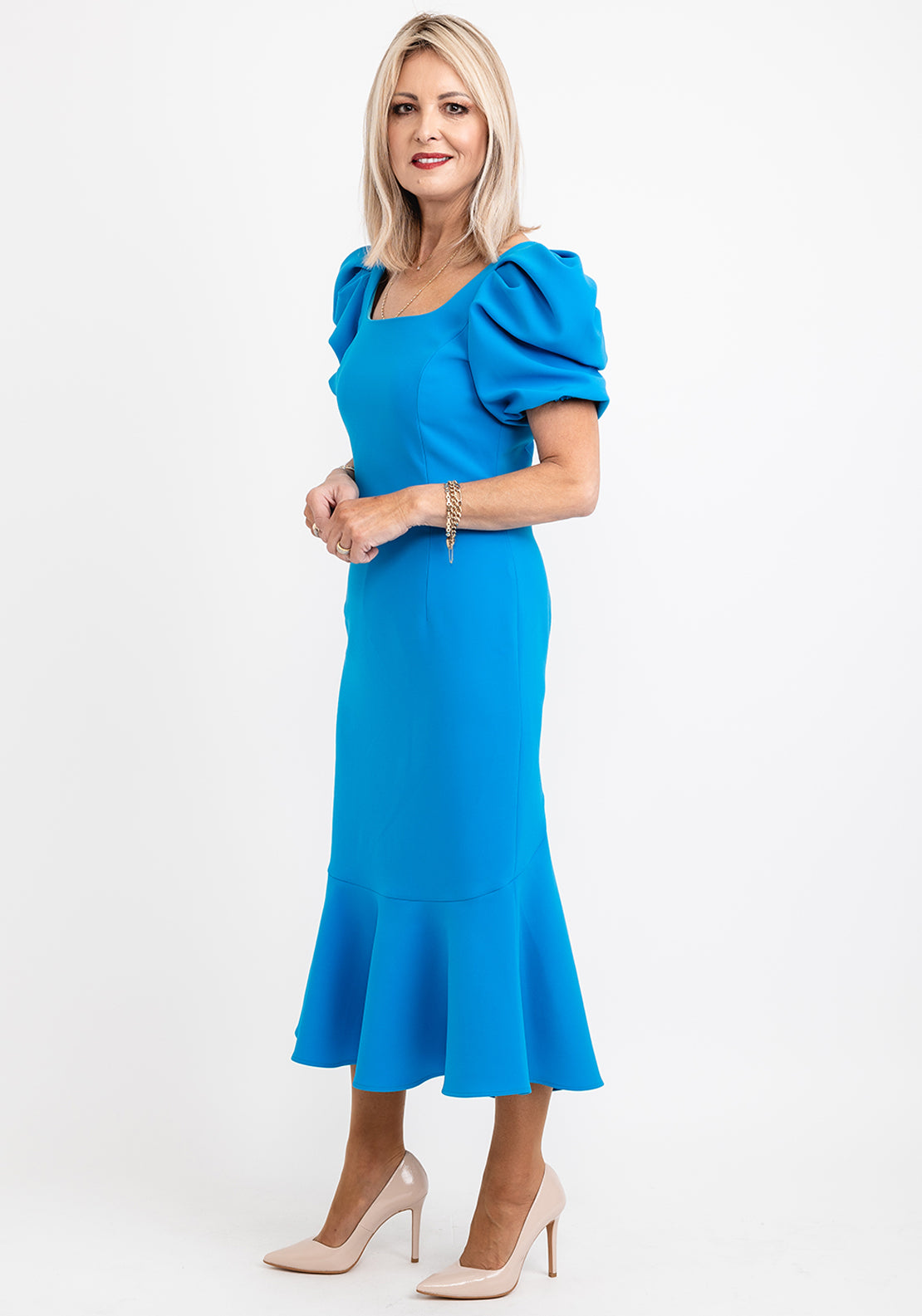 Claudia C Puff Sleeve Fishtail Dress, Azure Blue - McElhinneys