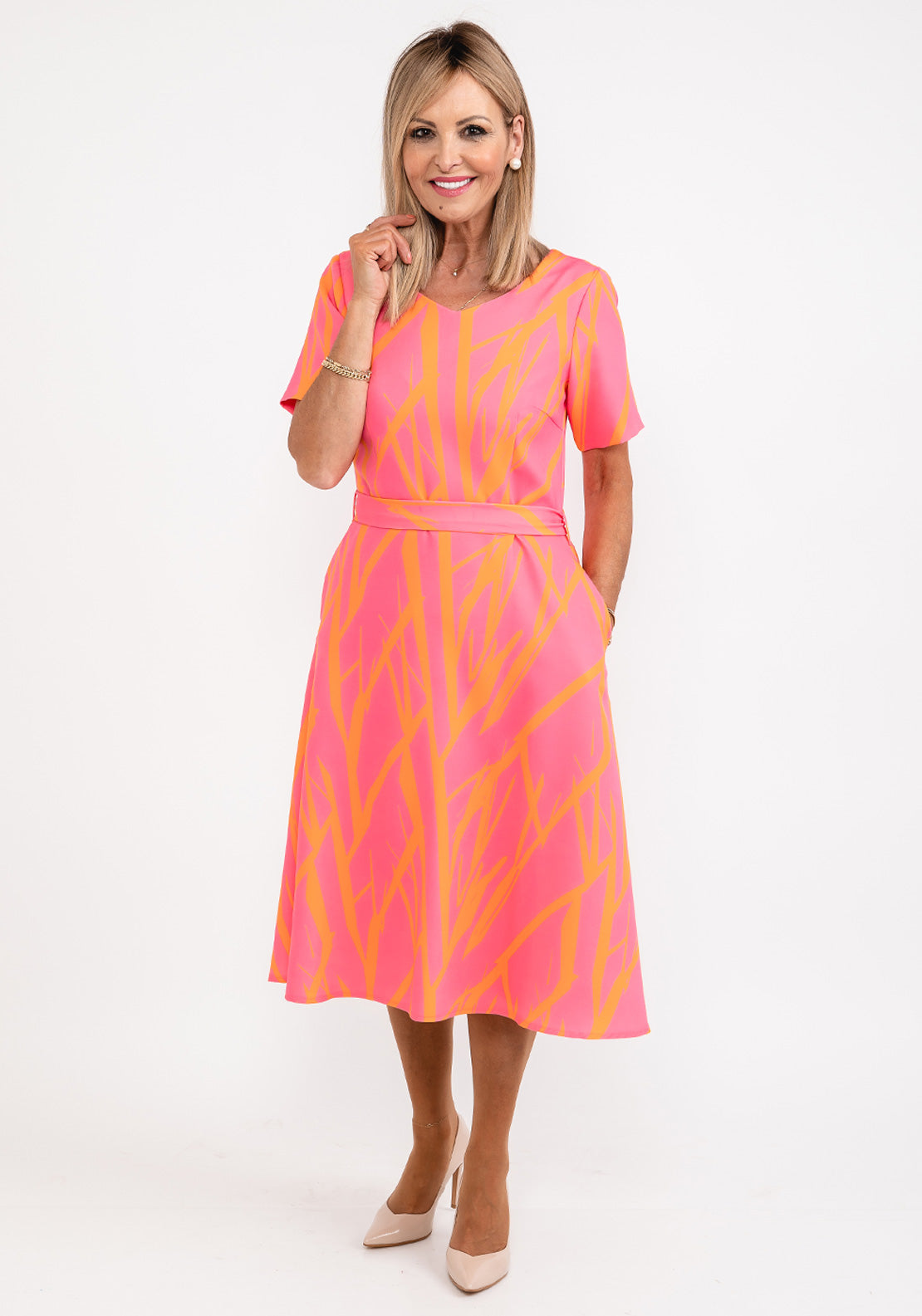 Coco Doll Anita Print Midi Dress, Pink & Orange - McElhinneys