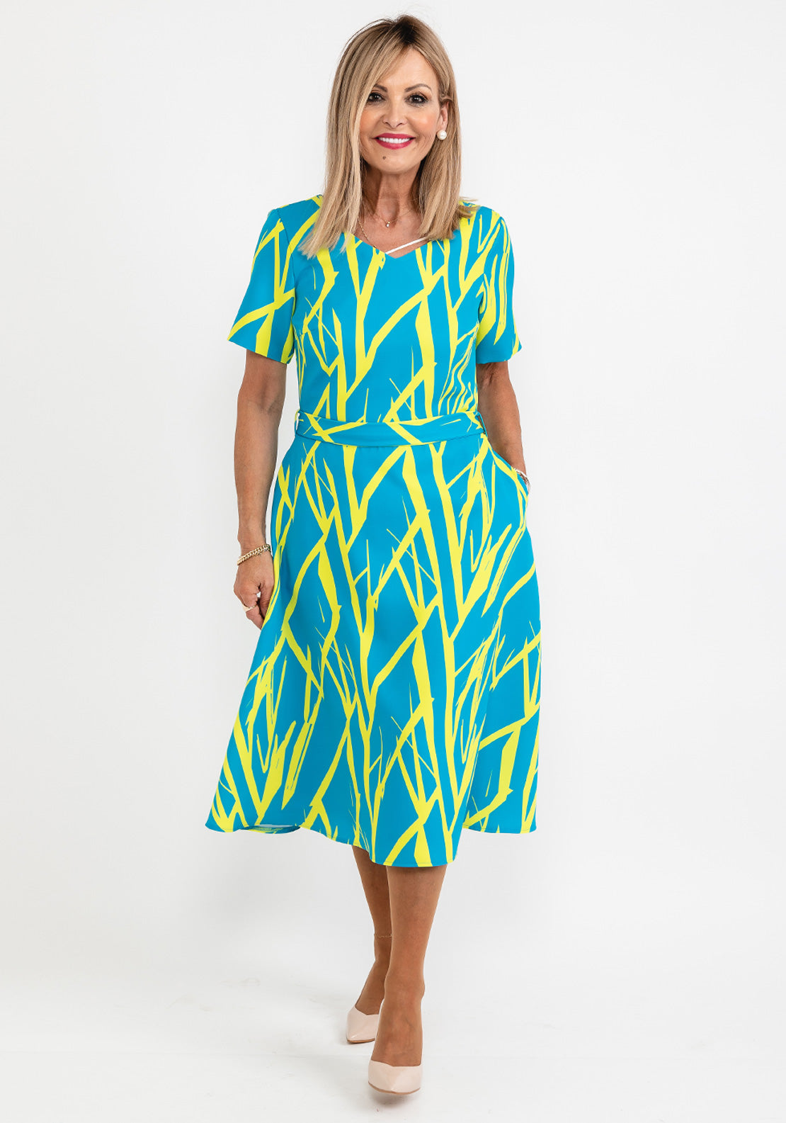 Coco Doll Anita Print Midi Dress, Teal & Lime - McElhinneys