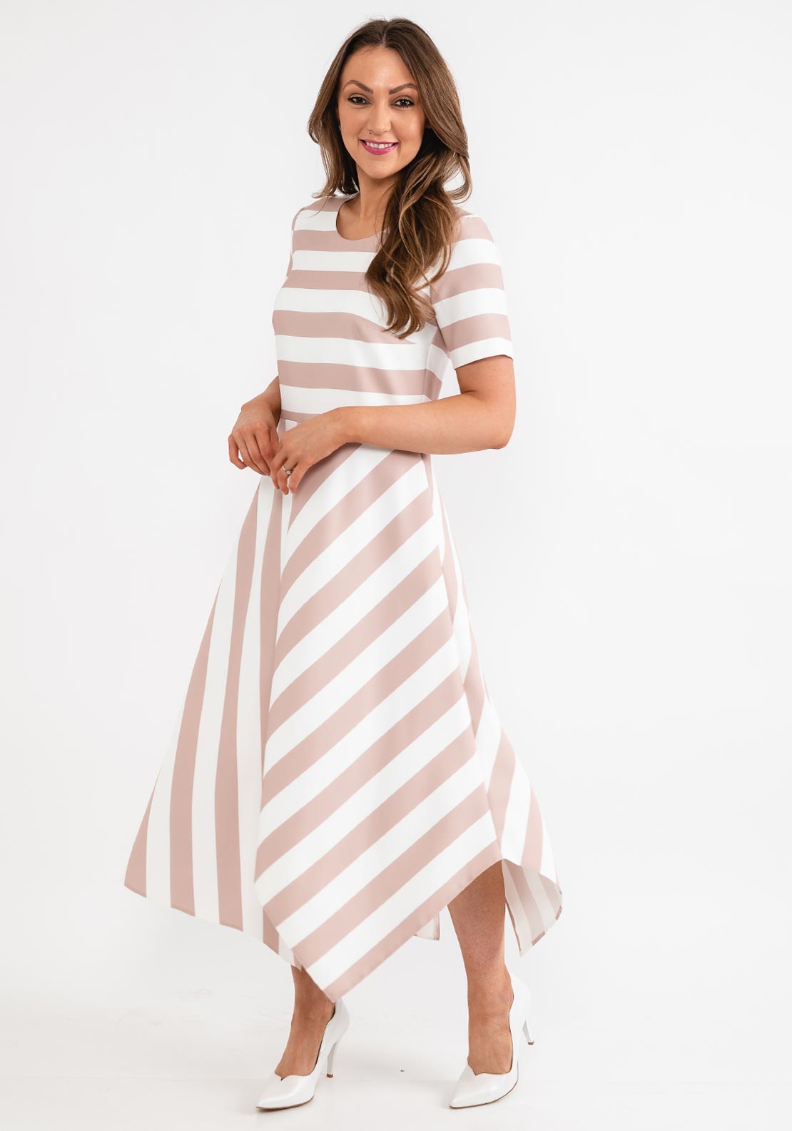 Coco Doll Hara Geometric Stripe Maxi Dress, Taupe & White - McElhinneys