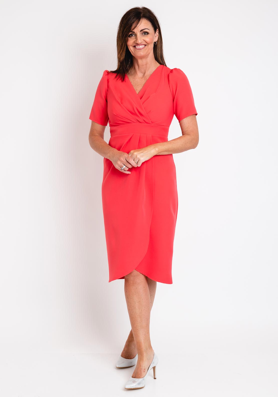 Coco Doll Toya Faux Wrap Midi Dress, Coral - McElhinneys
