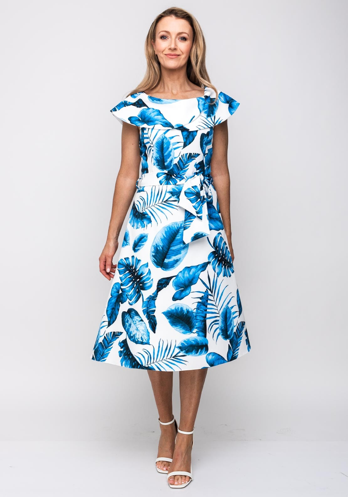 Coco Doll Nala Leaf Print Flared Dress, White & Blue - McElhinneys
