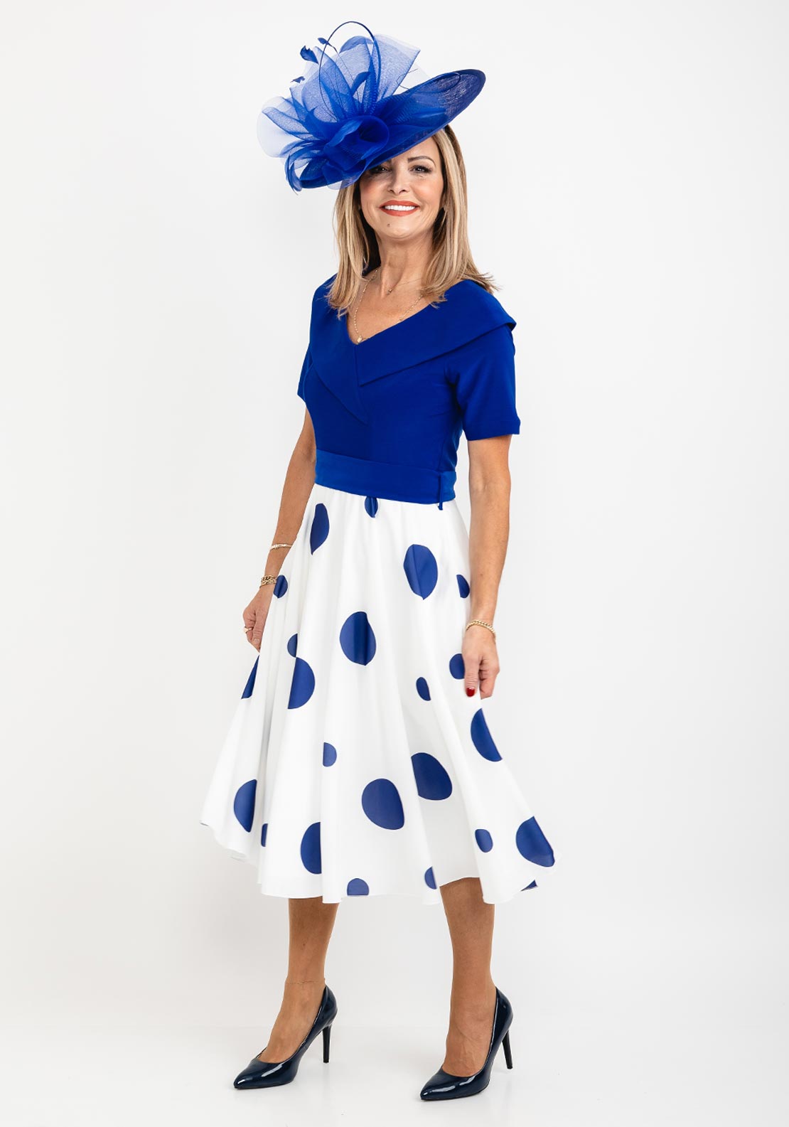 Coco Doll Polka Dot Skirt Midi Dress, Royal Blue - McElhinneys