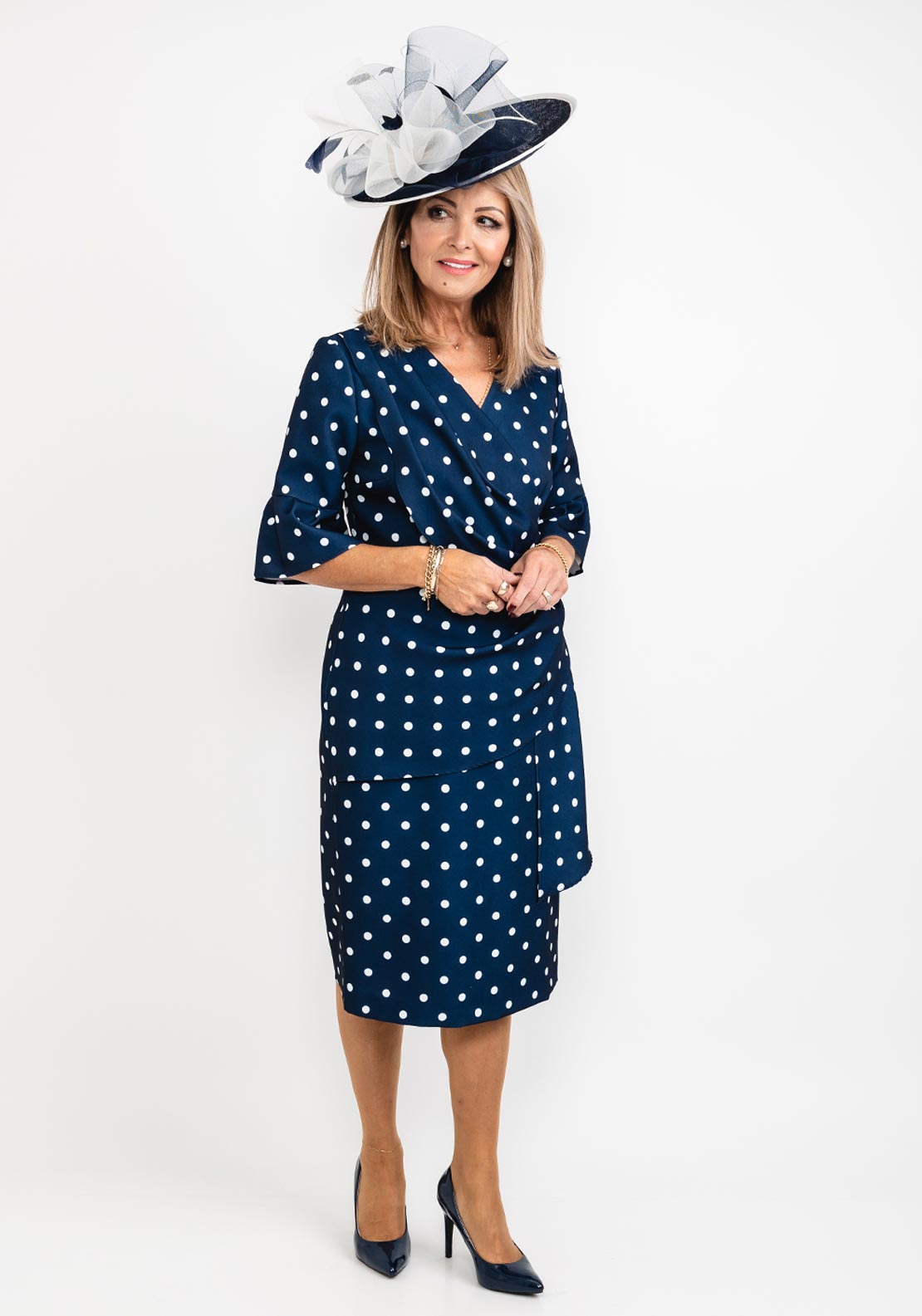 Coco Doll Robi Polka Dot Draped Midi Dress, Navy - McElhinneys